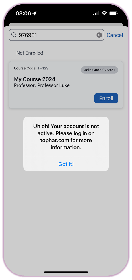 Student: Account Not Active (Top Hat Mobile App - Apple iOS)