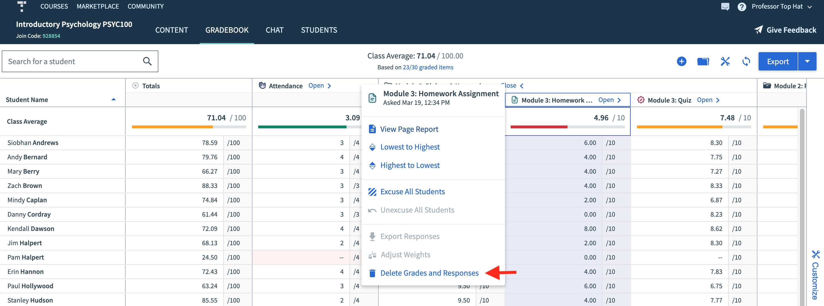 Educator: Deleting items from the Gradebook