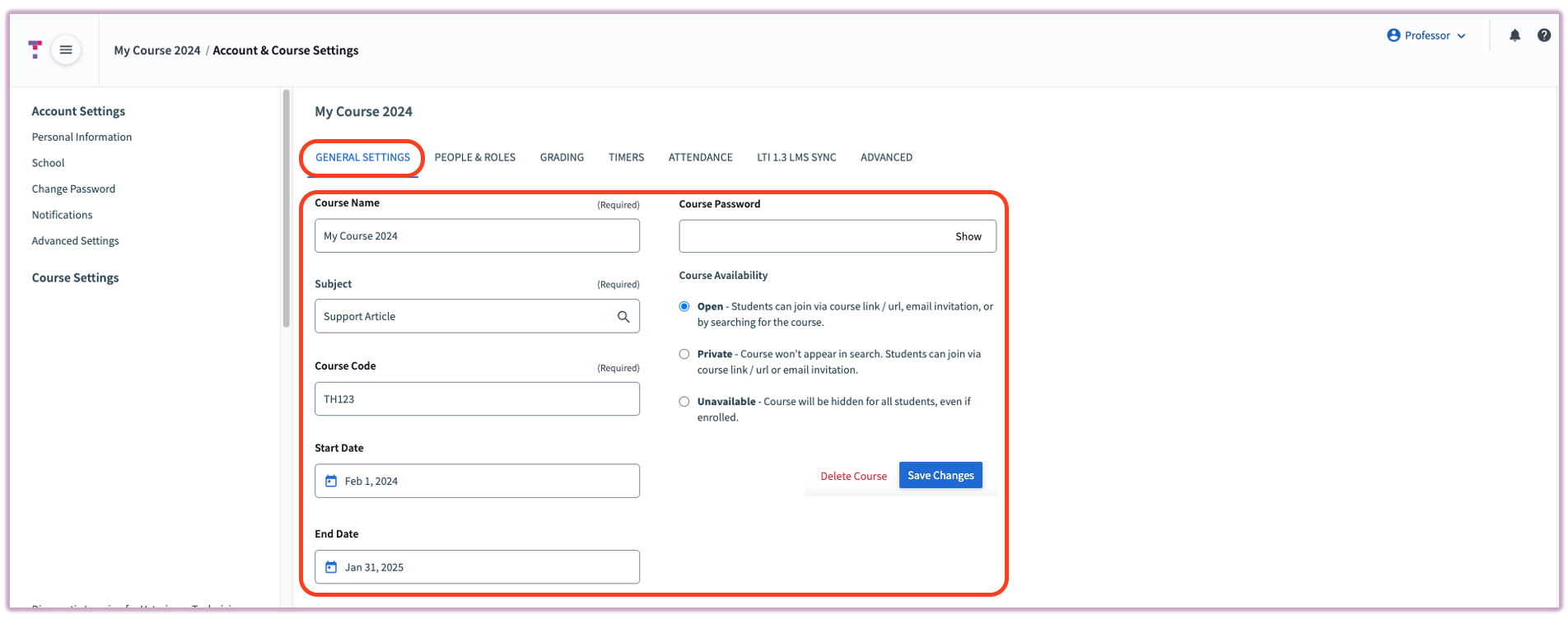 Educator: Course Settings