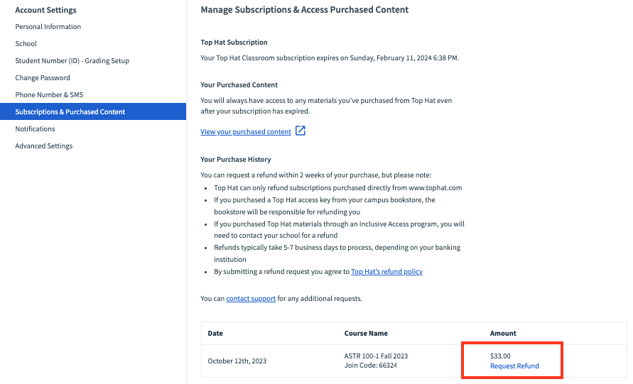 Student: Change Subscription (Top Hat)